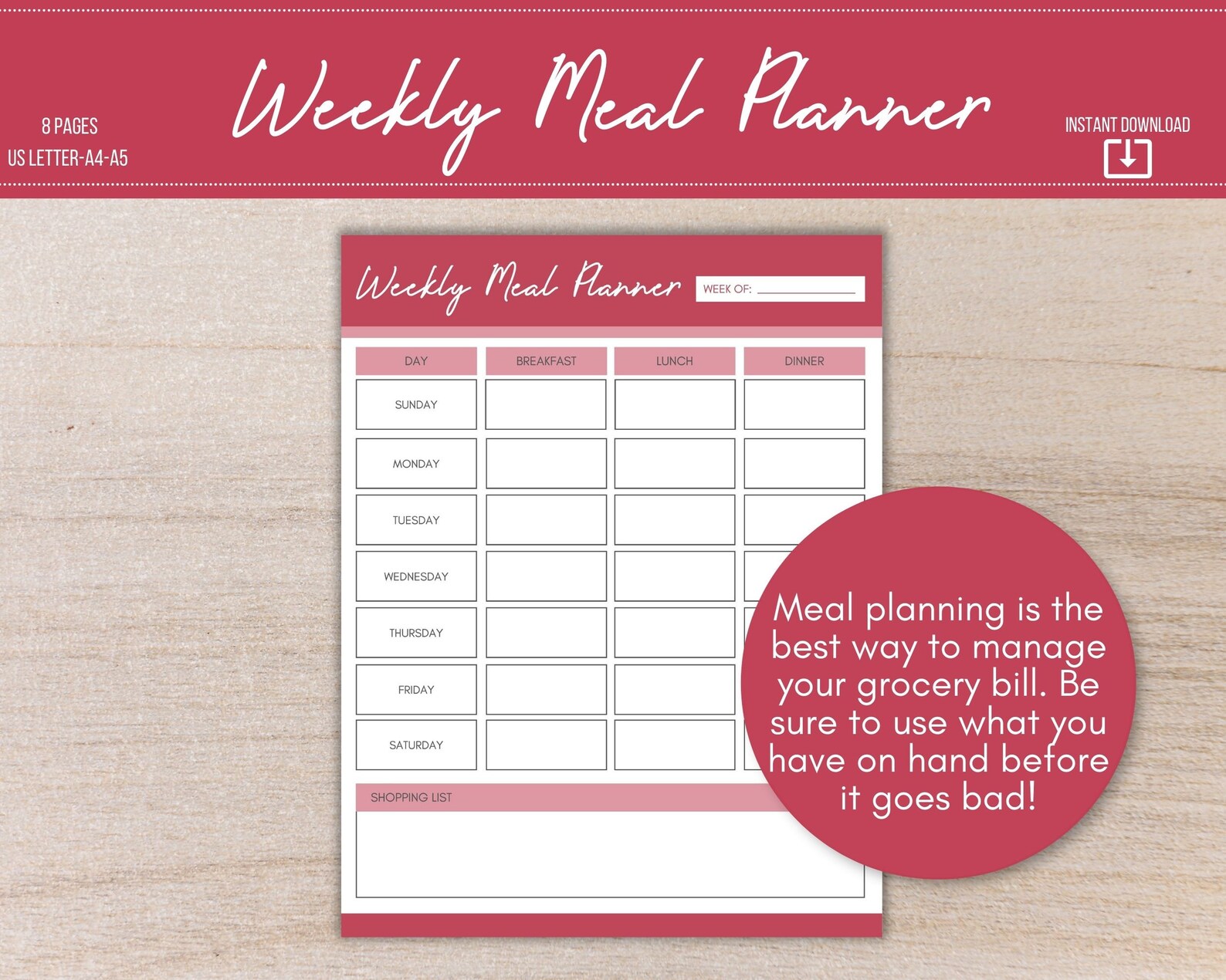 Weekly Printable Meal Planner in 8 Colors and 3 Sizes - Etsy