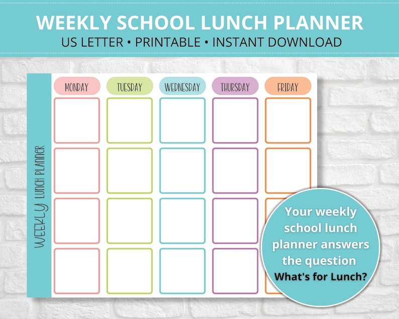 Weekly School Lunch Planner Printable Homeschool Lunch - Etsy