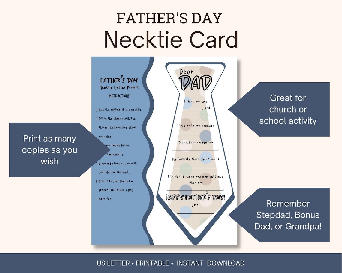 Father's Day Printable Card, Necktie Letter Template From Kids, Craft ...