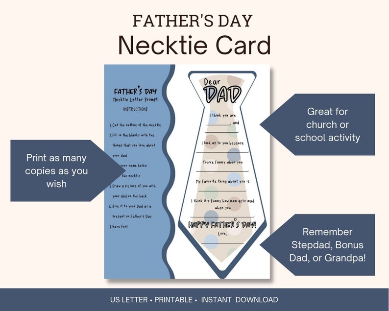 Father's Day Printable Card, Necktie Letter Template From Kids, Craft ...