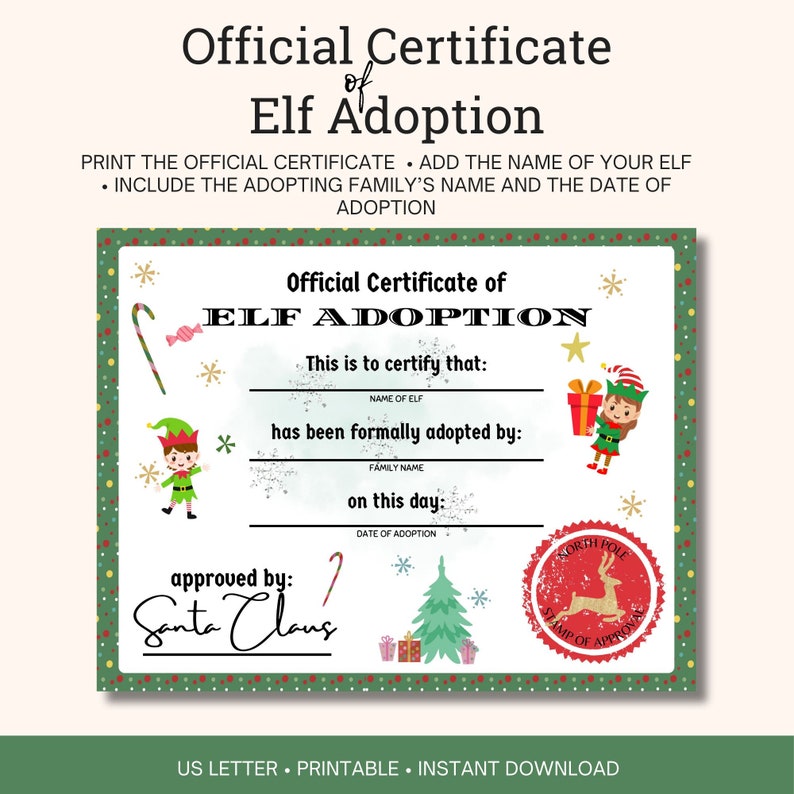 Printable Elf Adoption Certificate, Christmas Activity (PDF) - Etsy