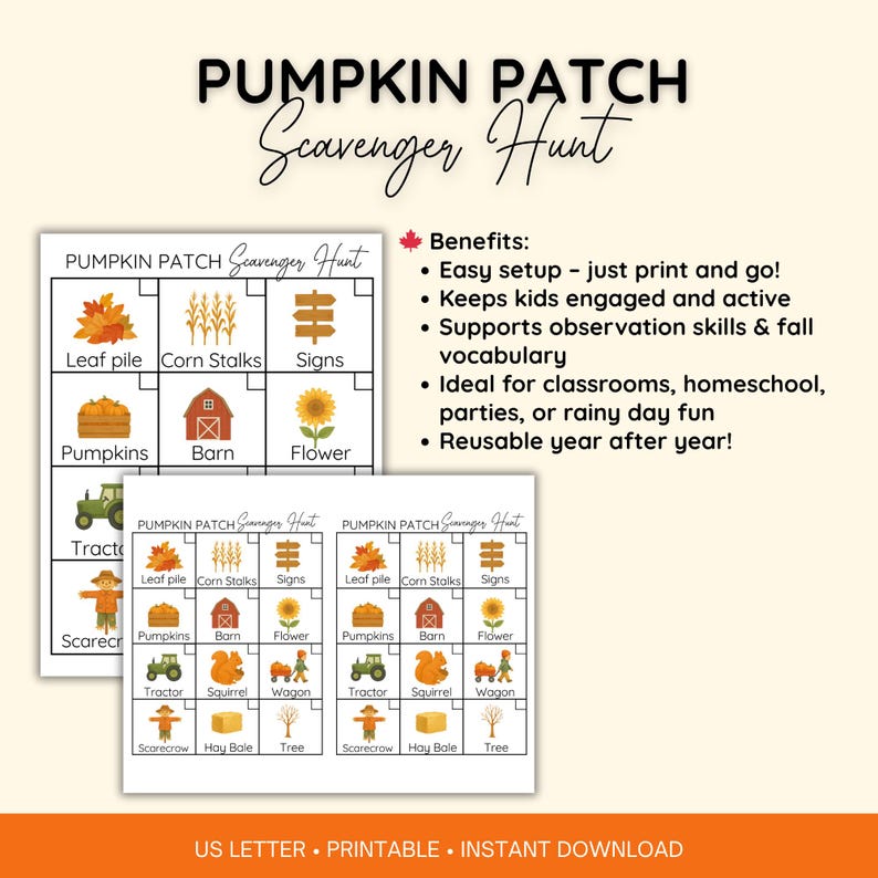 Pumpkin Patch Scavenger Hunt, Fall Printable Game (PDF) - Etsy