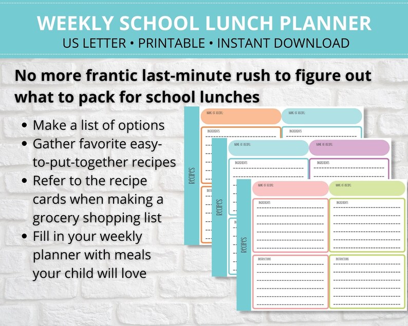 Weekly School Lunch Planner Printable Homeschool Lunch - Etsy