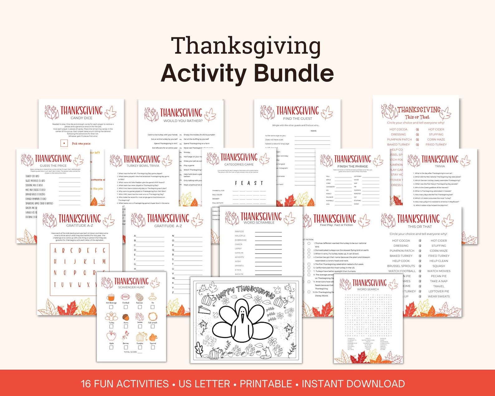 Thanksgiving Games, Printable Activity Bundle, Activity for Kids ...