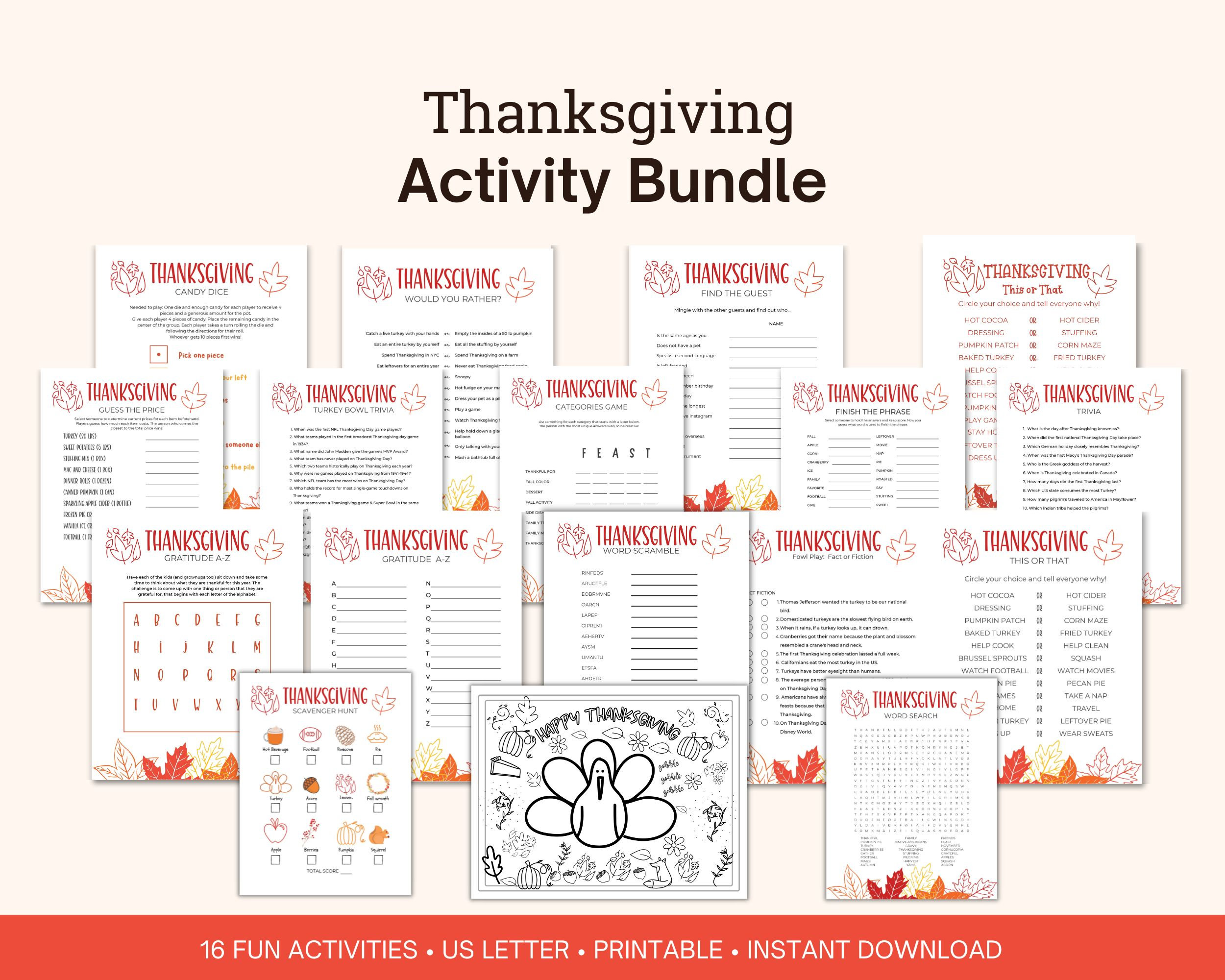Thanksgiving Games, Printable Activity Bundle, Activity for Kids ...