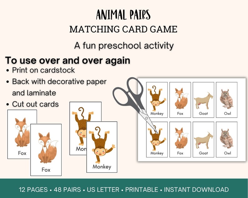 Animal Pairs Printable Matching Game, Preschool Activity, Toddler Games, Printable Memory Game ...