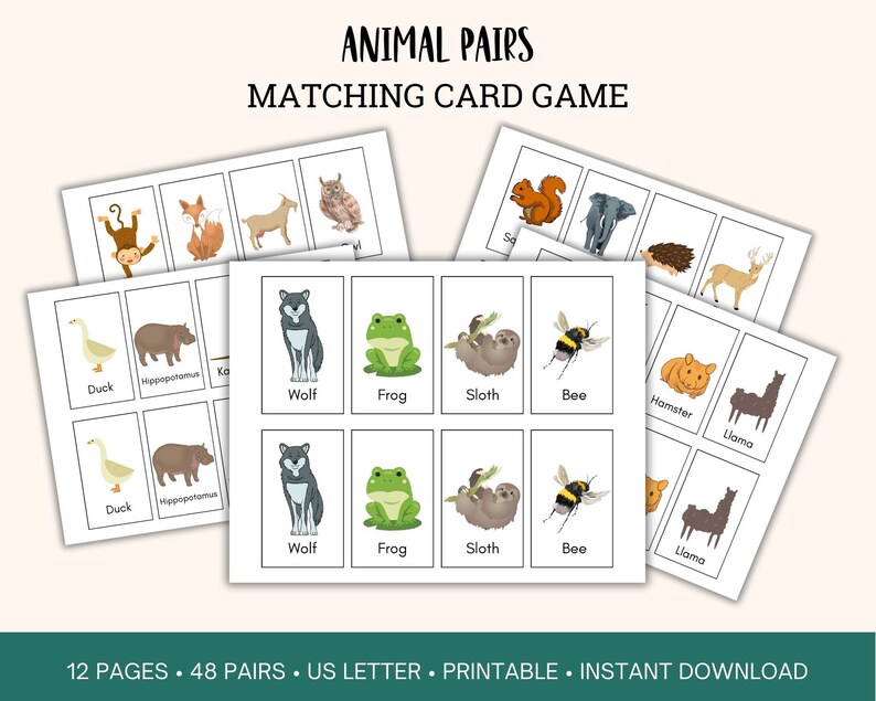 Animal Pairs Printable Matching Game, Preschool Activity, Toddler Games ...
