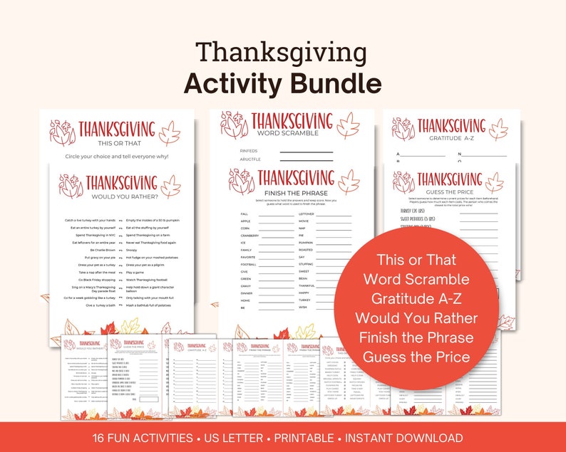 Thanksgiving Games, Printable Activity Bundle, Activity for Kids ...