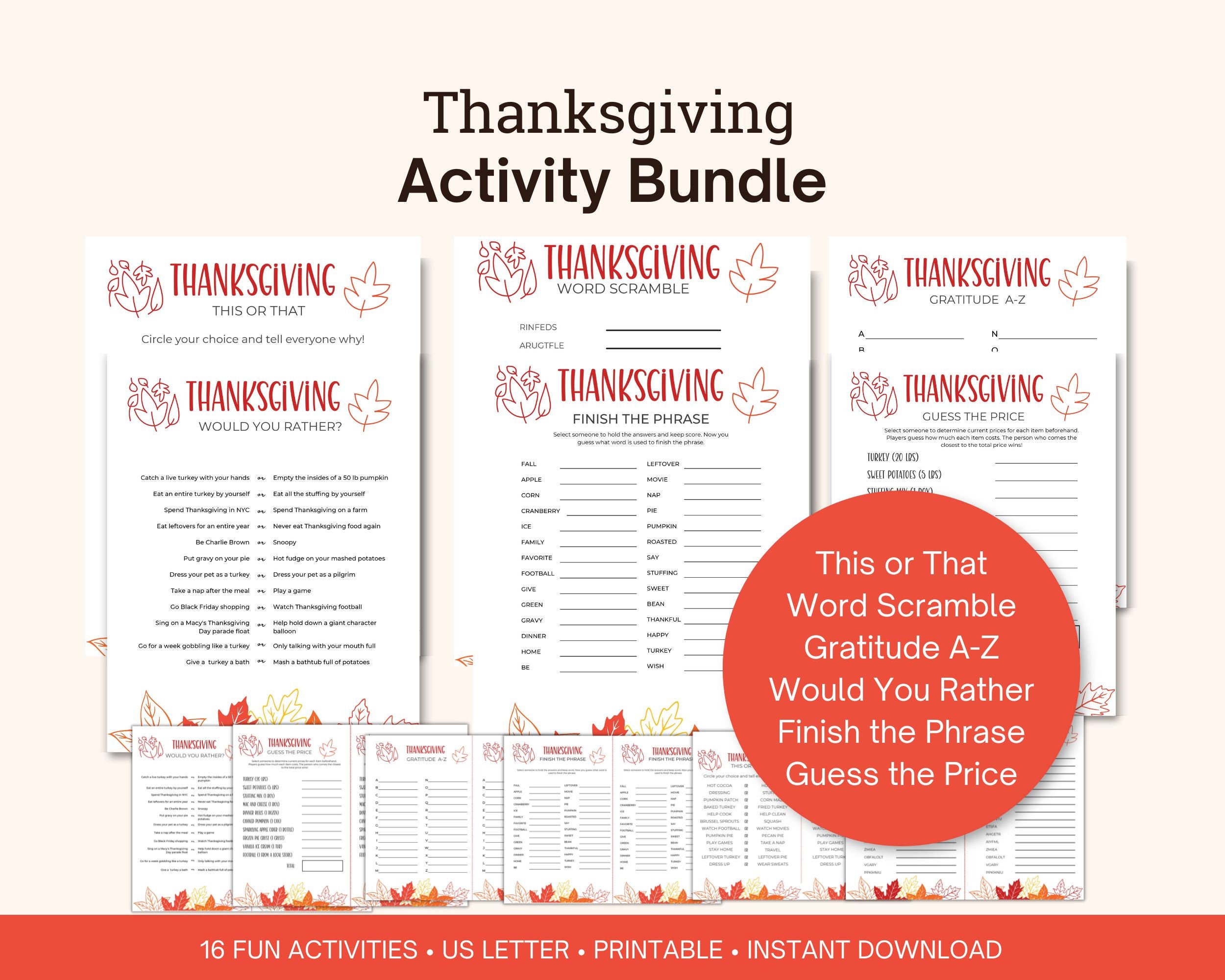 Thanksgiving Games, Printable Activity Bundle, Activity for Kids ...