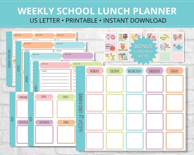 Weekly School Lunch Planner Printable Homeschool Lunch - Etsy