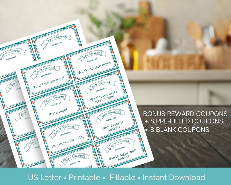Chore Chart for Kids, Fillable and Printable Plus Bonus Reward Coupons ...