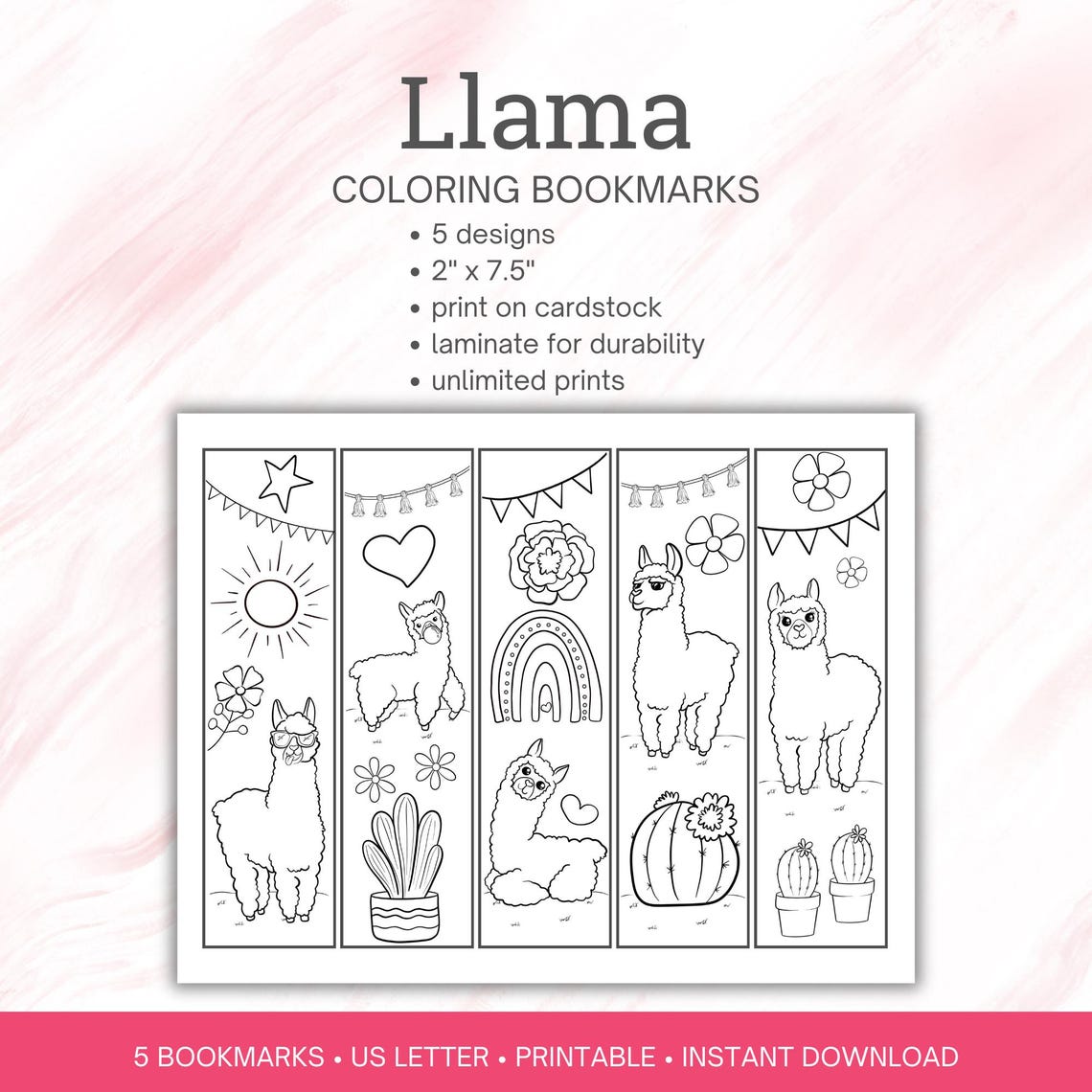 Llama Coloring Bookmarks, Set of 5, Kids Craft Activity (PDF Pattern ...