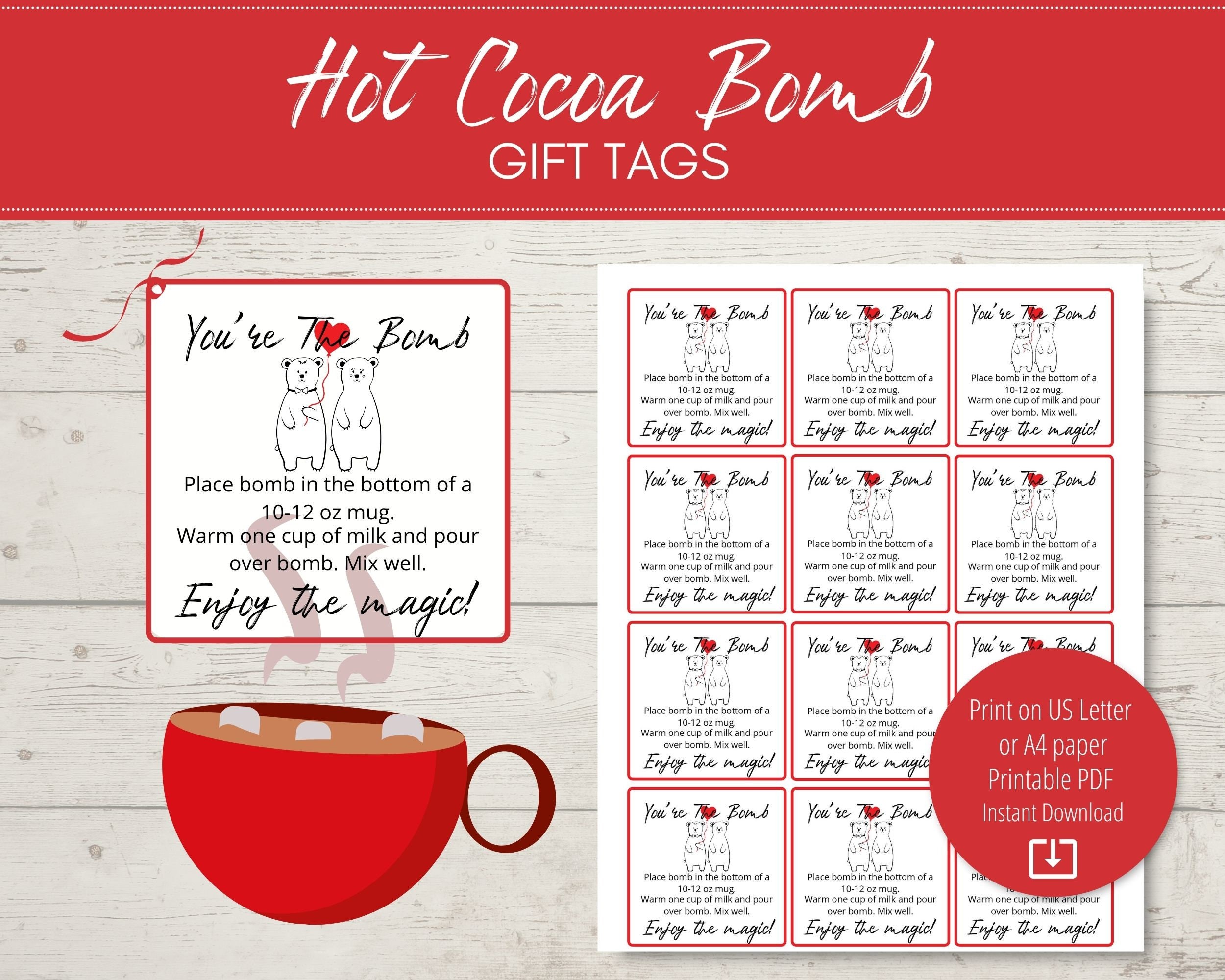 Hot Cocoa Bomb Printable Gift Tag With Instructions, Valentine's Day or ...