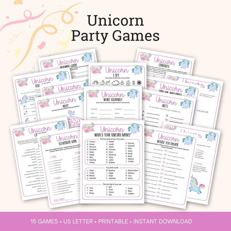 Unicorn Party Games Printable Bundle, Unicorn Activities, Unicorn ...