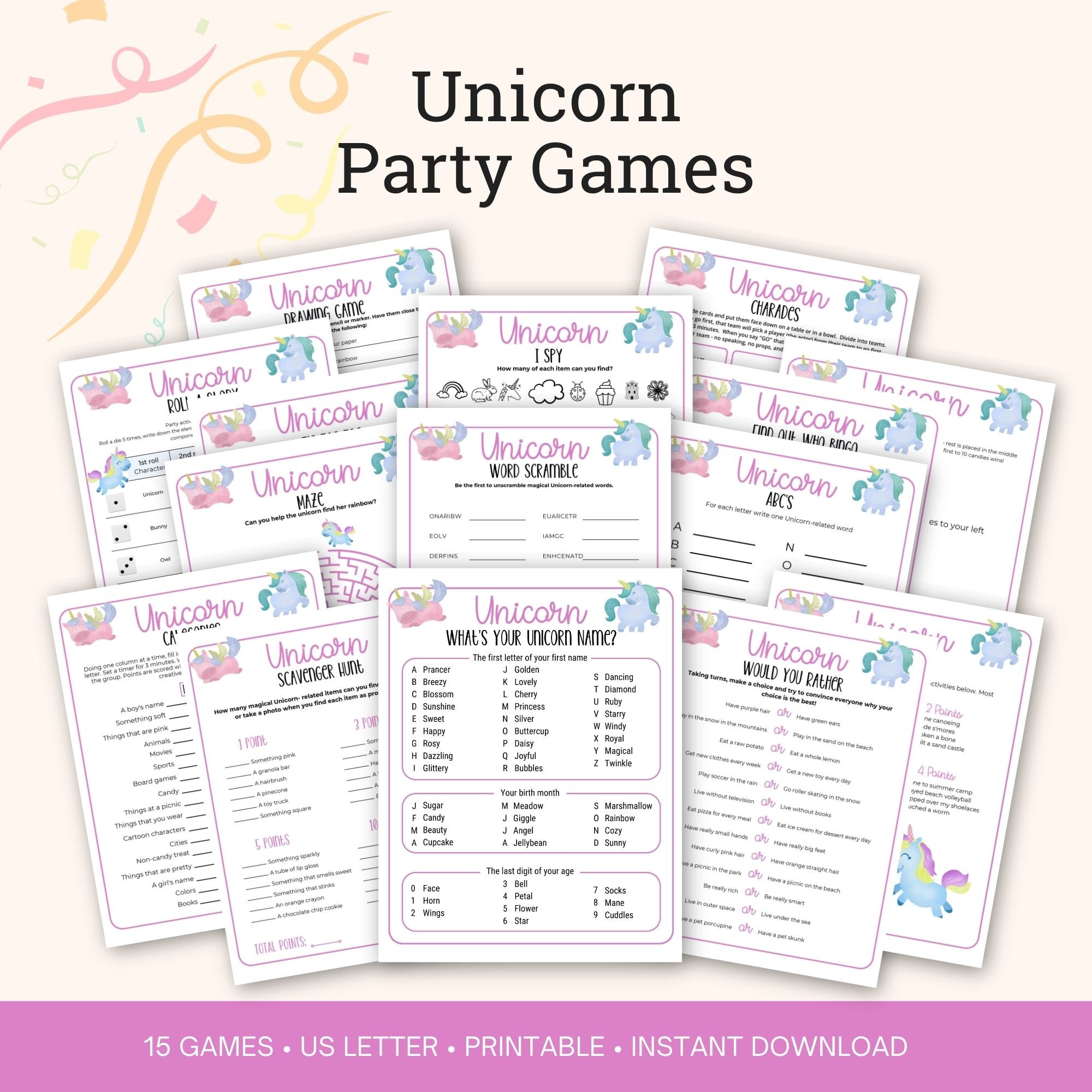 Unicorn Party Games Printable Bundle, Unicorn Activities, Unicorn ...