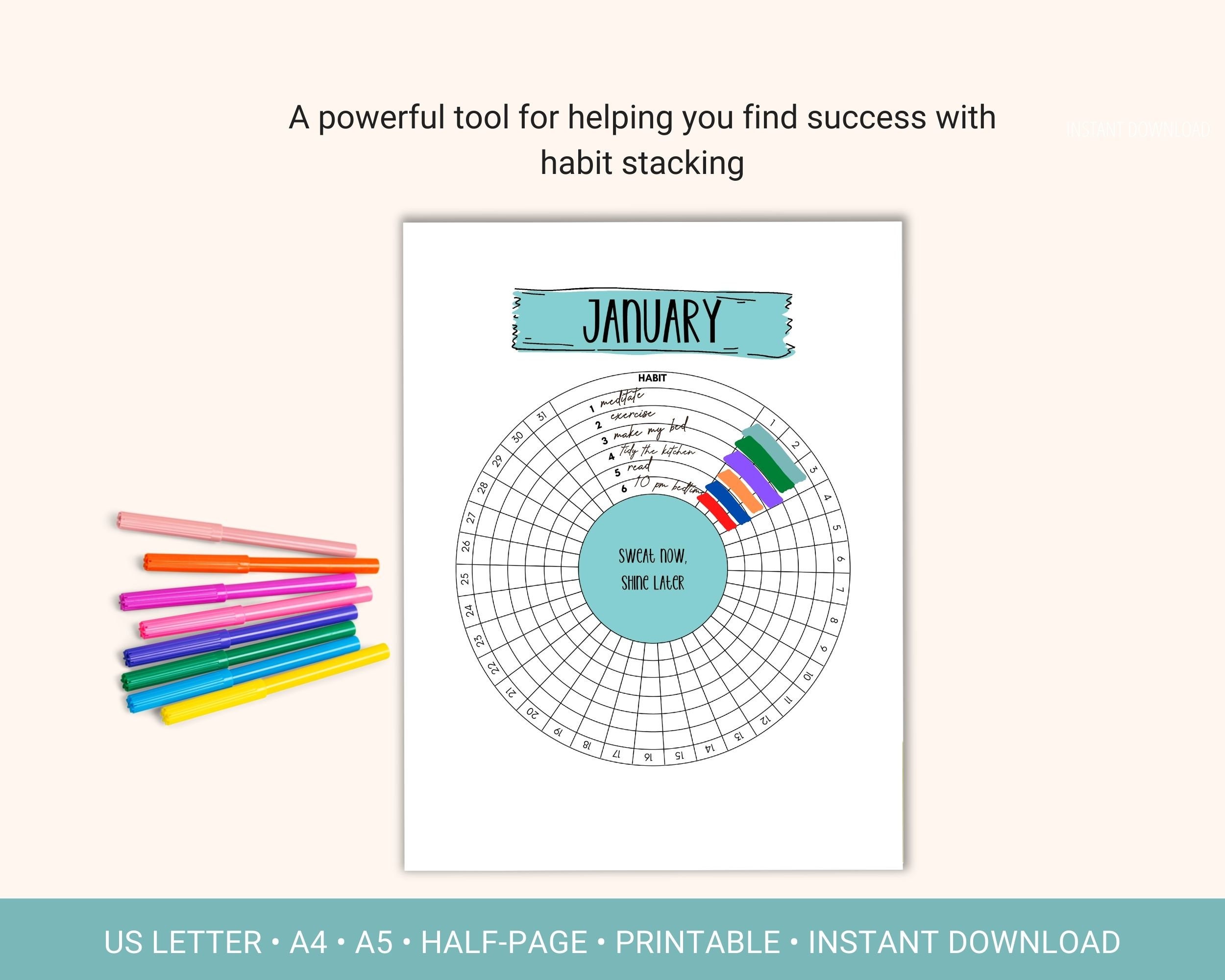 Circle Monthly Habit Tracker Printable, Color-in Tracker (PDF Download ...