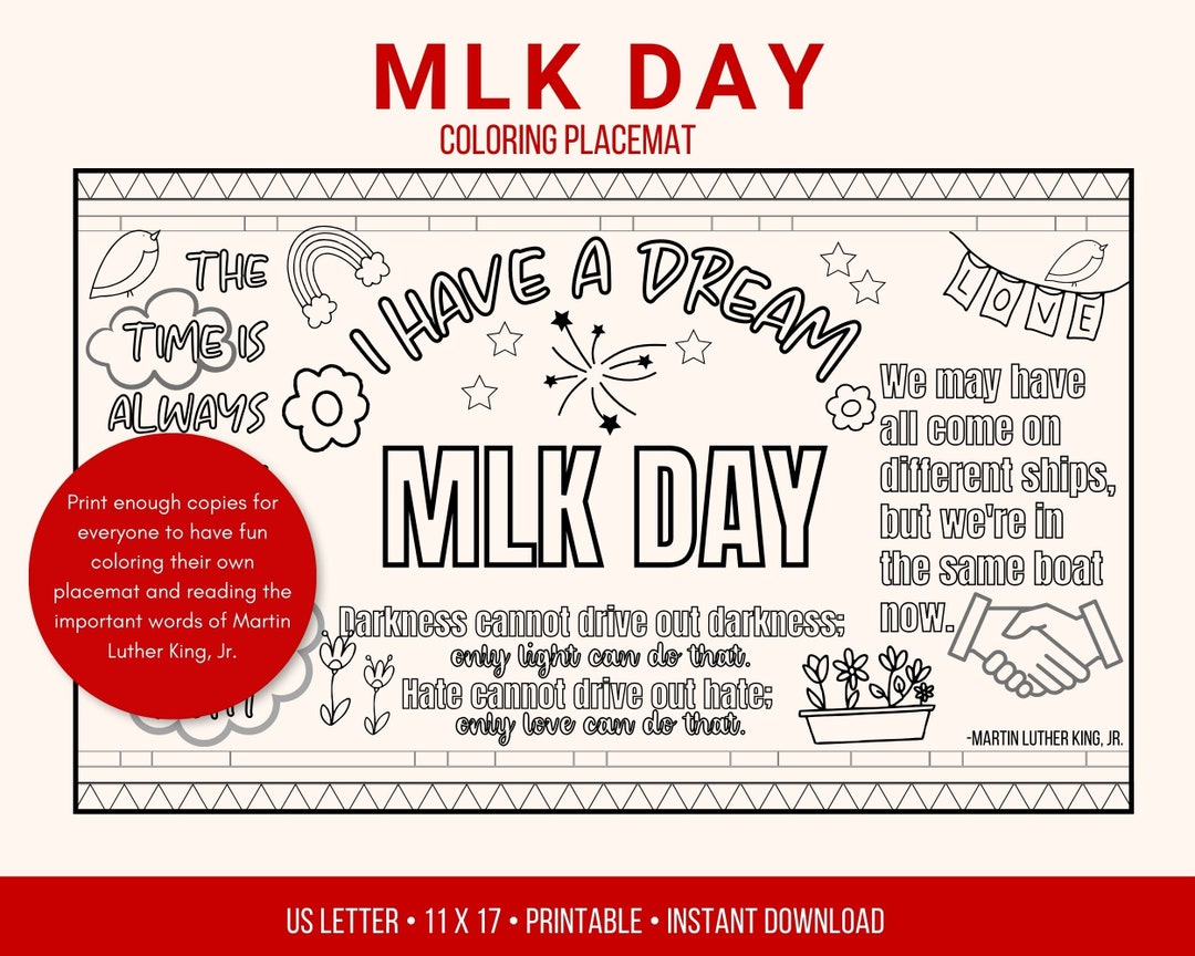 MLK Day Printable Coloring Placemat, MLK Coloring Page, Classroom ...