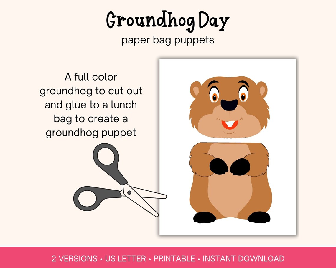 Groundhog Day Paper Bag Puppet, Printable Activity for Kindergarten ...