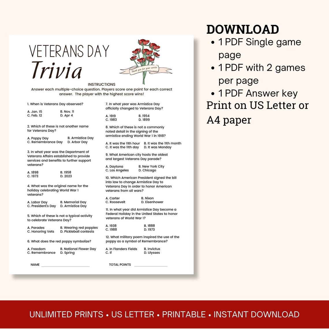 Veterans Day Trivia Game, Printable Game, Veterans Day Activity, American Trivia, Classroom ...