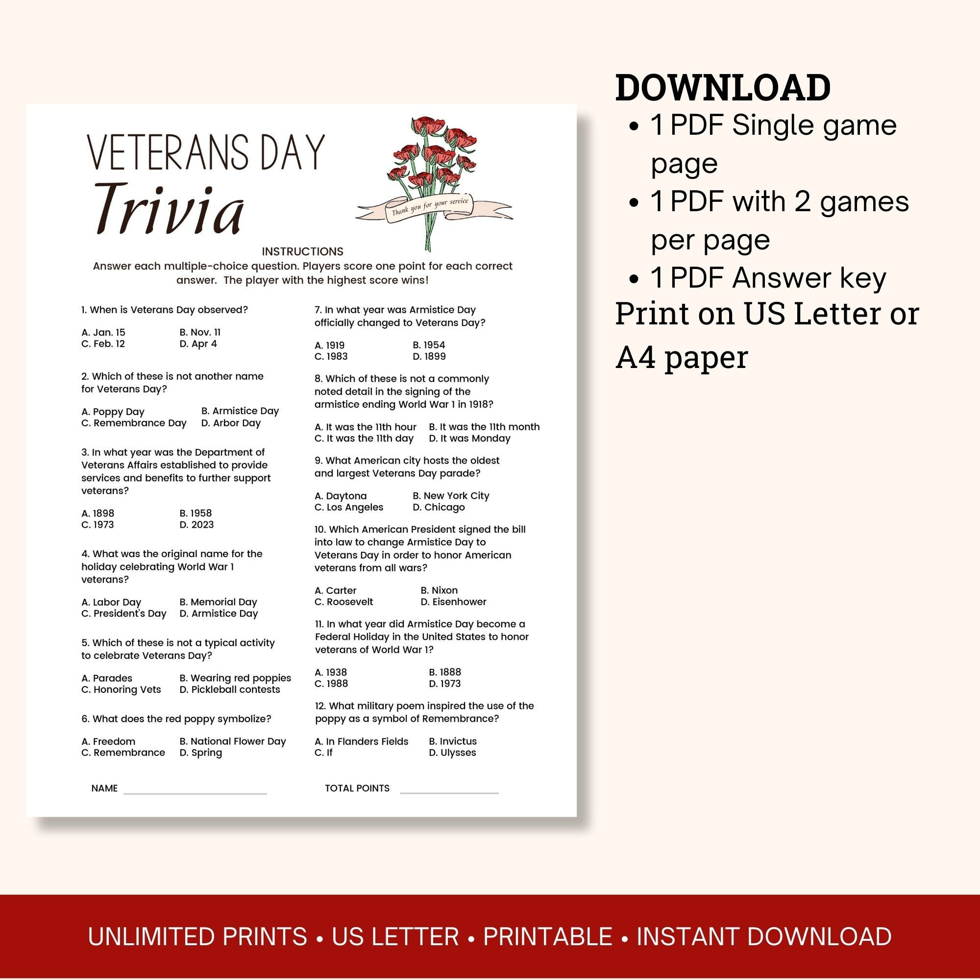 Veterans Day Trivia Game, Printable Game, Veterans Day Activity ...