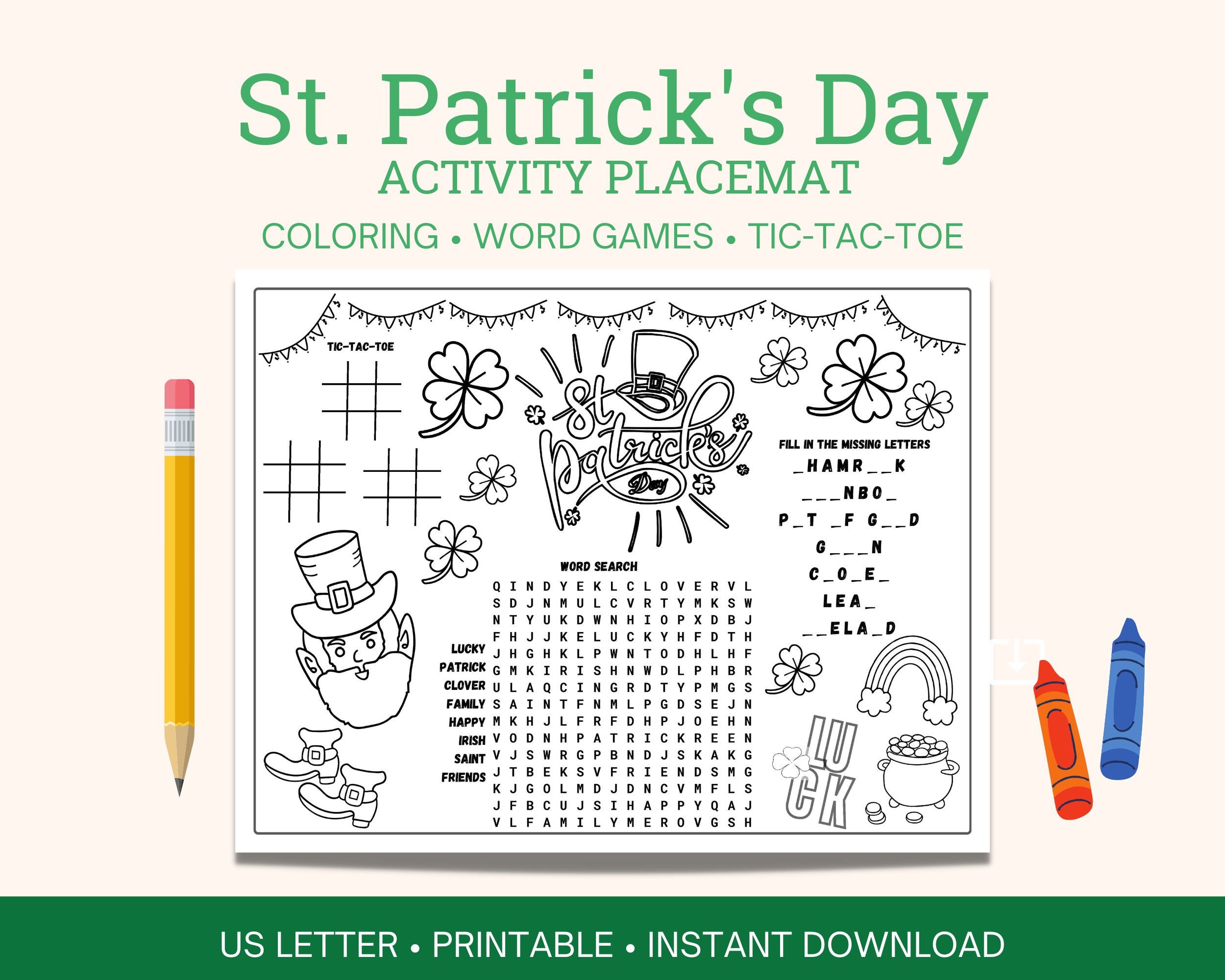 St. Patrick's Day Printable Activity Placemat, Printable Coloring Page ...