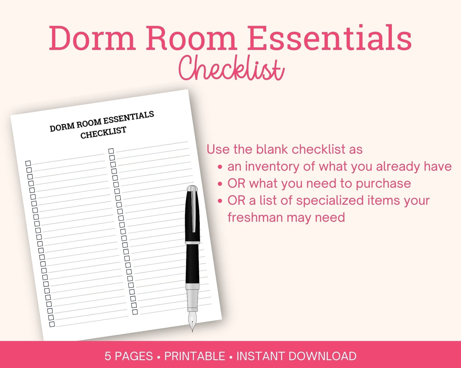 Dorm Room Essentials Checklist Printable, College Packing List, Back to ...