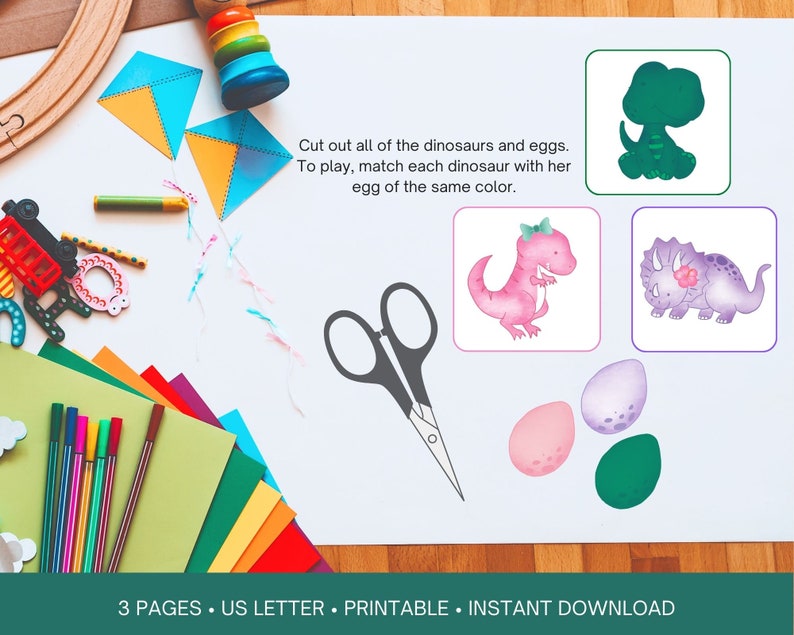 Dinosaur and Eggs Printable Color Matching Game for Kids, Preschool ...