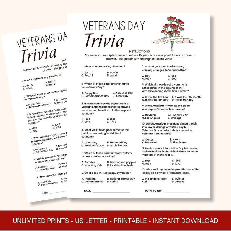 Veterans Day Trivia Game, Printable Game, Veterans Day Activity ...