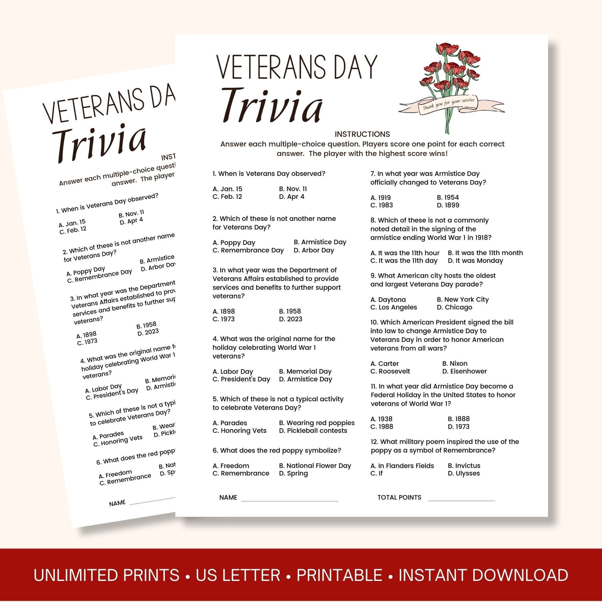 Veterans Day Trivia Game, Printable Game, Veterans Day Activity ...