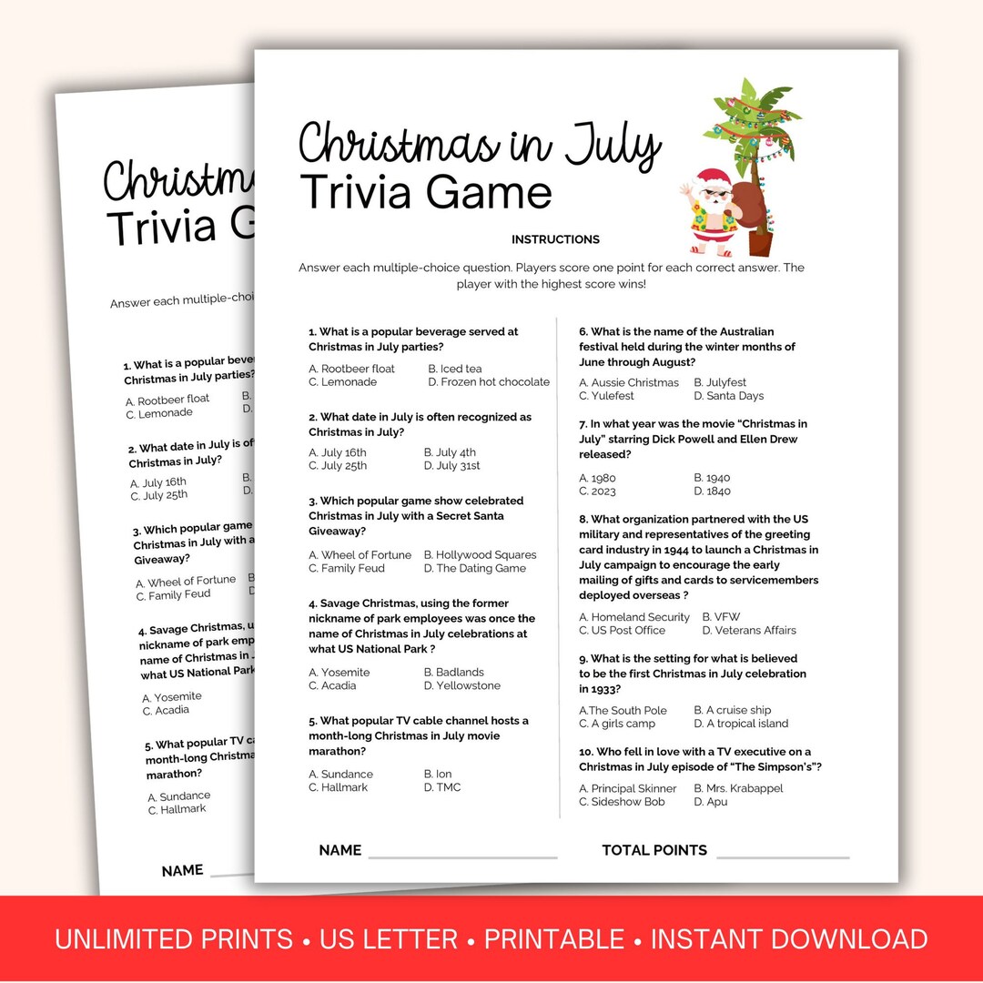 Christmas in July Printable Trivia Game, Family Game, Summer Kids Game ...