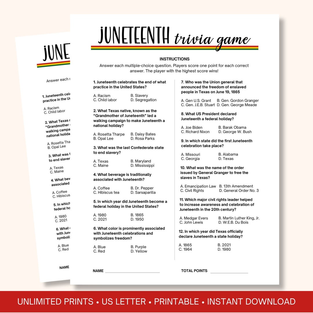Juneteenth Trivia Game Printable, Black History Quiz, Juneteenth Game ...