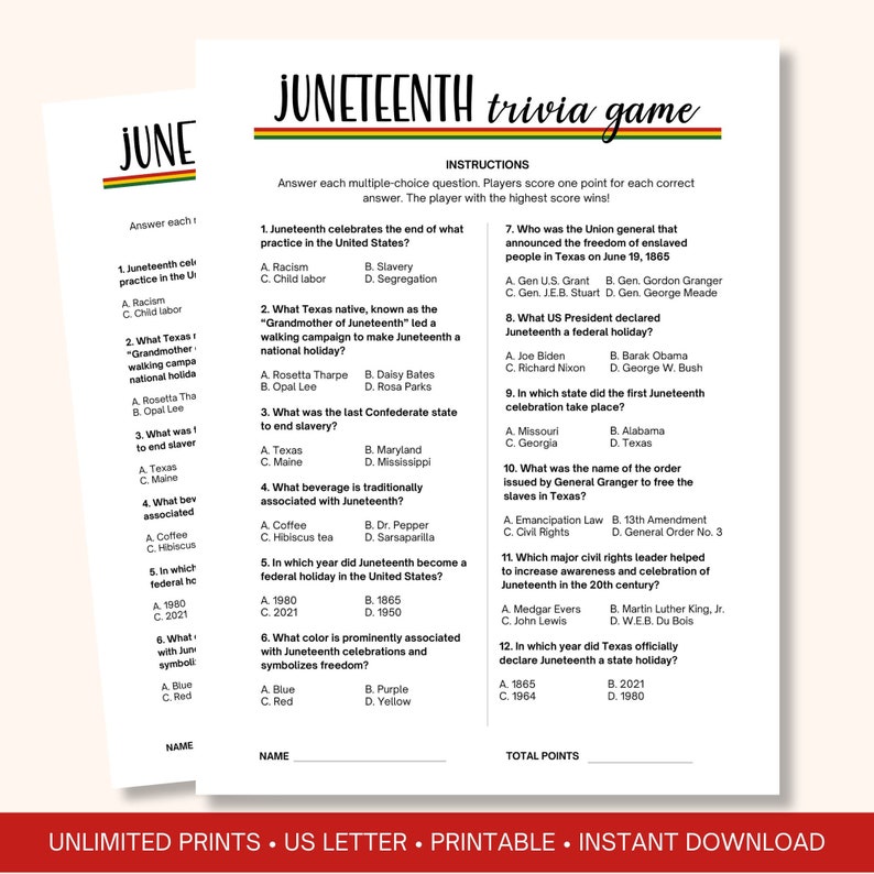 Juneteenth Trivia Game Printable, Black History Quiz, Juneteenth Game ...