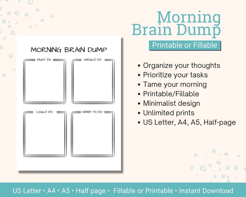 Morning Brain Dump, Fillable or Printable, Productivity Planner, ADHD ...