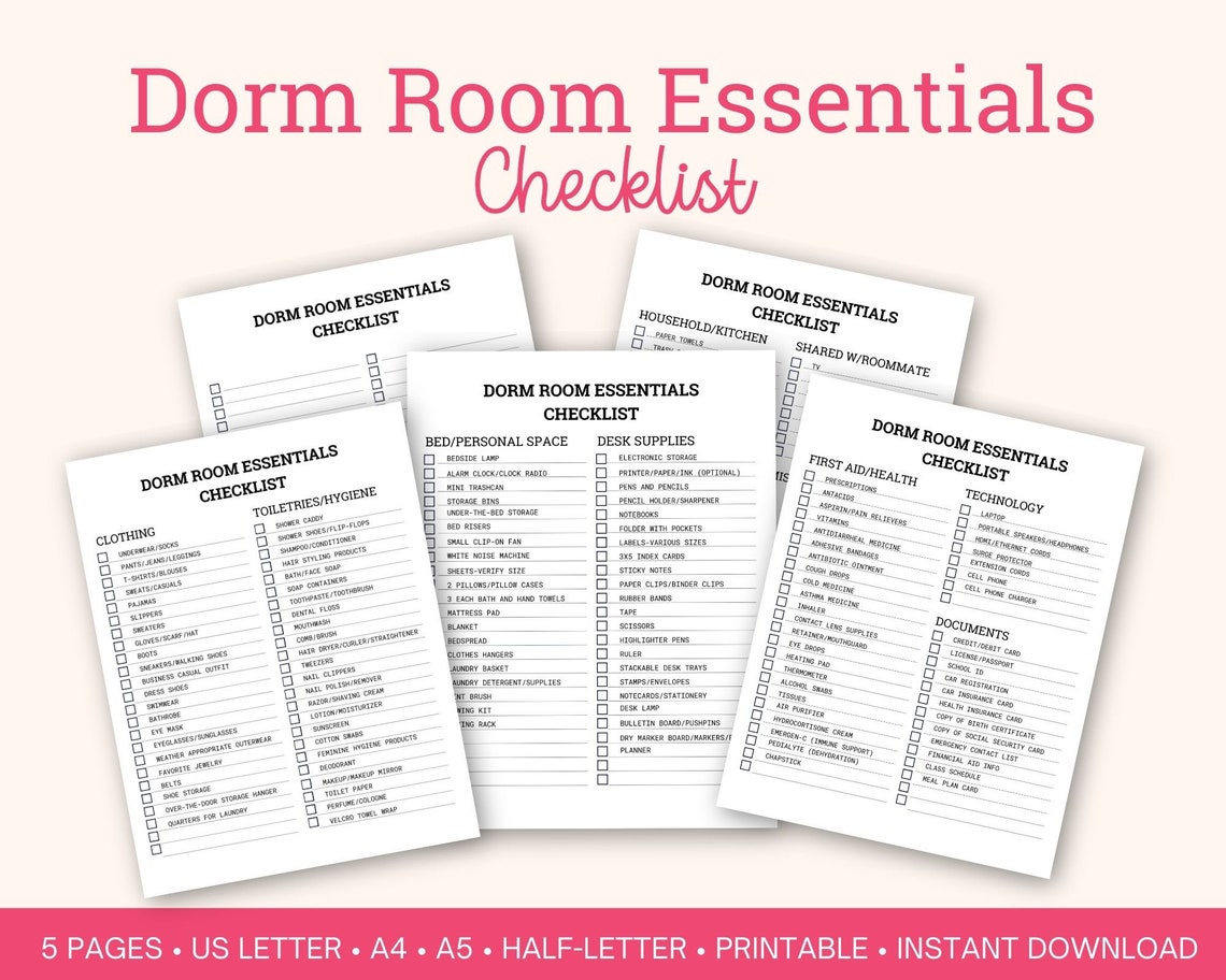 Dorm Room Essentials Checklist Printable, College Packing List, Back to ...