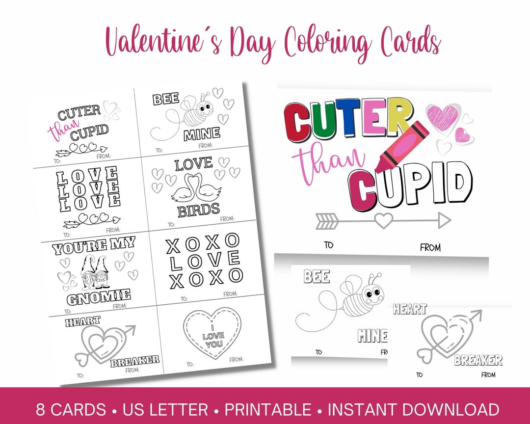 Valentine's Coloring Cards S/8, Kids Valentine's Day Cards, Classroom ...