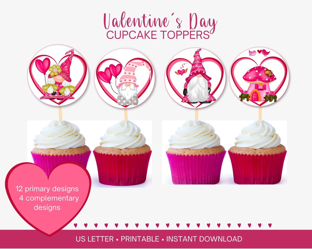 Valentine's Day Gnomes Cupcake Toppers, Printable Party Tags (digital ...