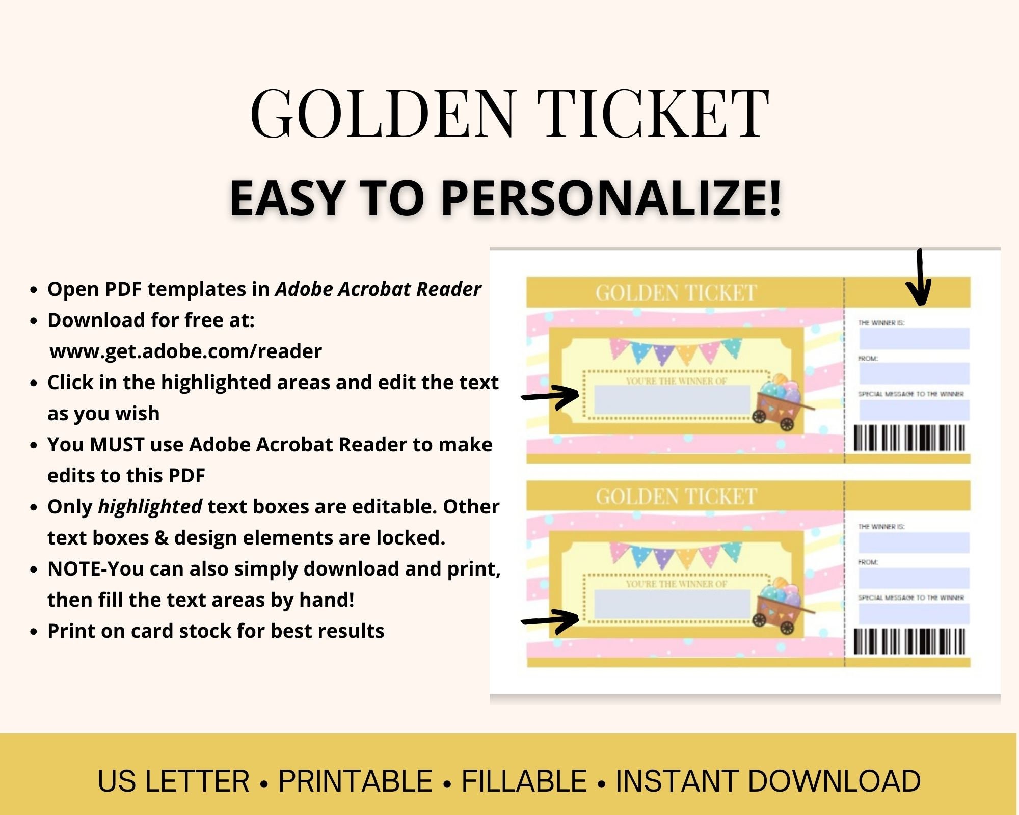 Easter Golden Ticket, Printable and Fillable, Easter Gift Voucher, Non ...