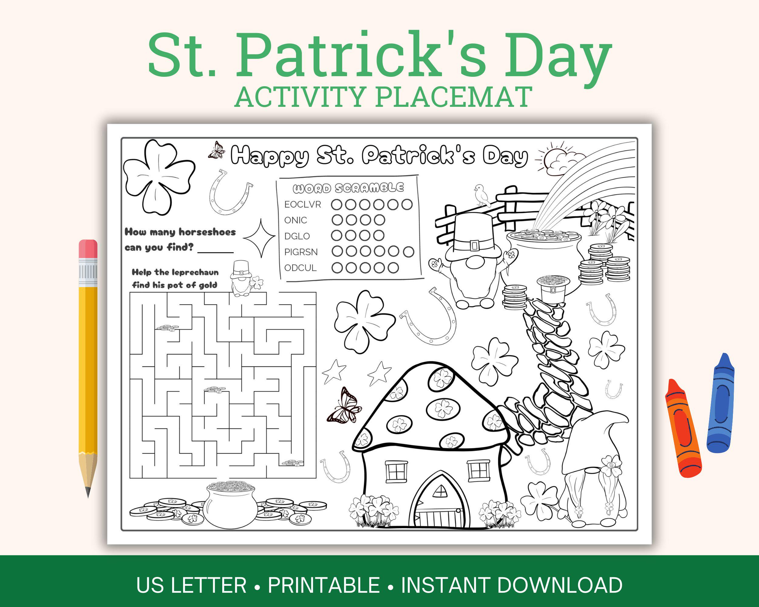 St. Patrick's Day Printable Activity Placemat, Printable Coloring Page ...