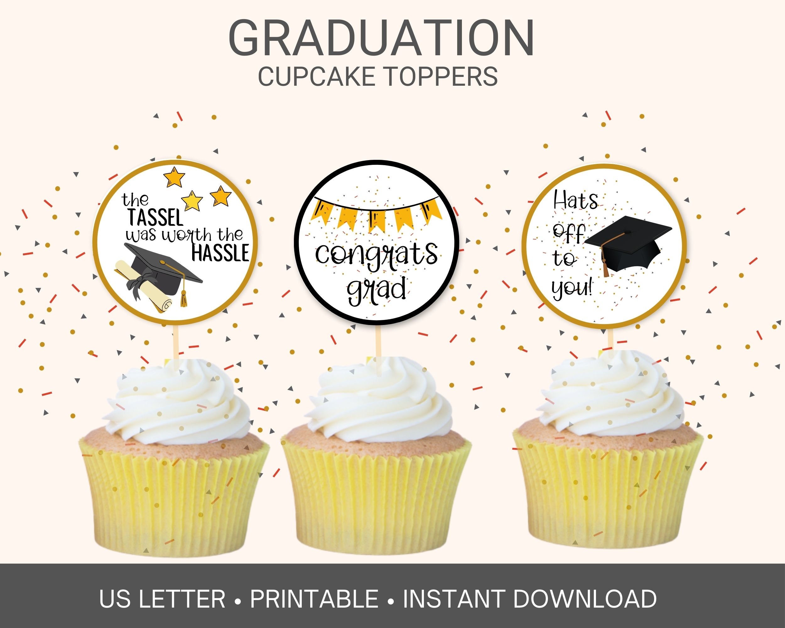 Cupcake Toppers for Graduation Celebrations, Black and Gold Party Decor ...