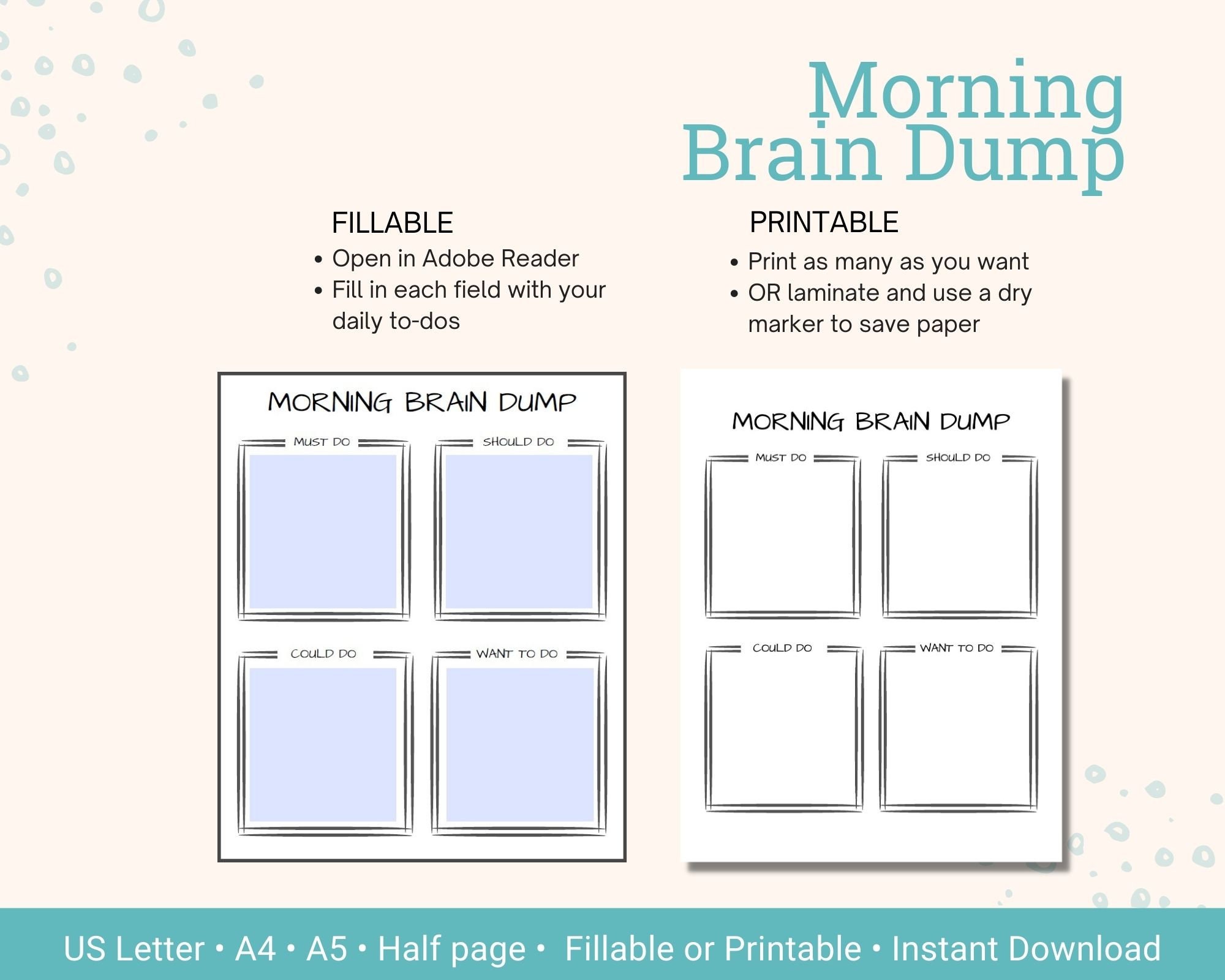 Morning Brain Dump, Fillable or Printable, Productivity Planner, ADHD ...