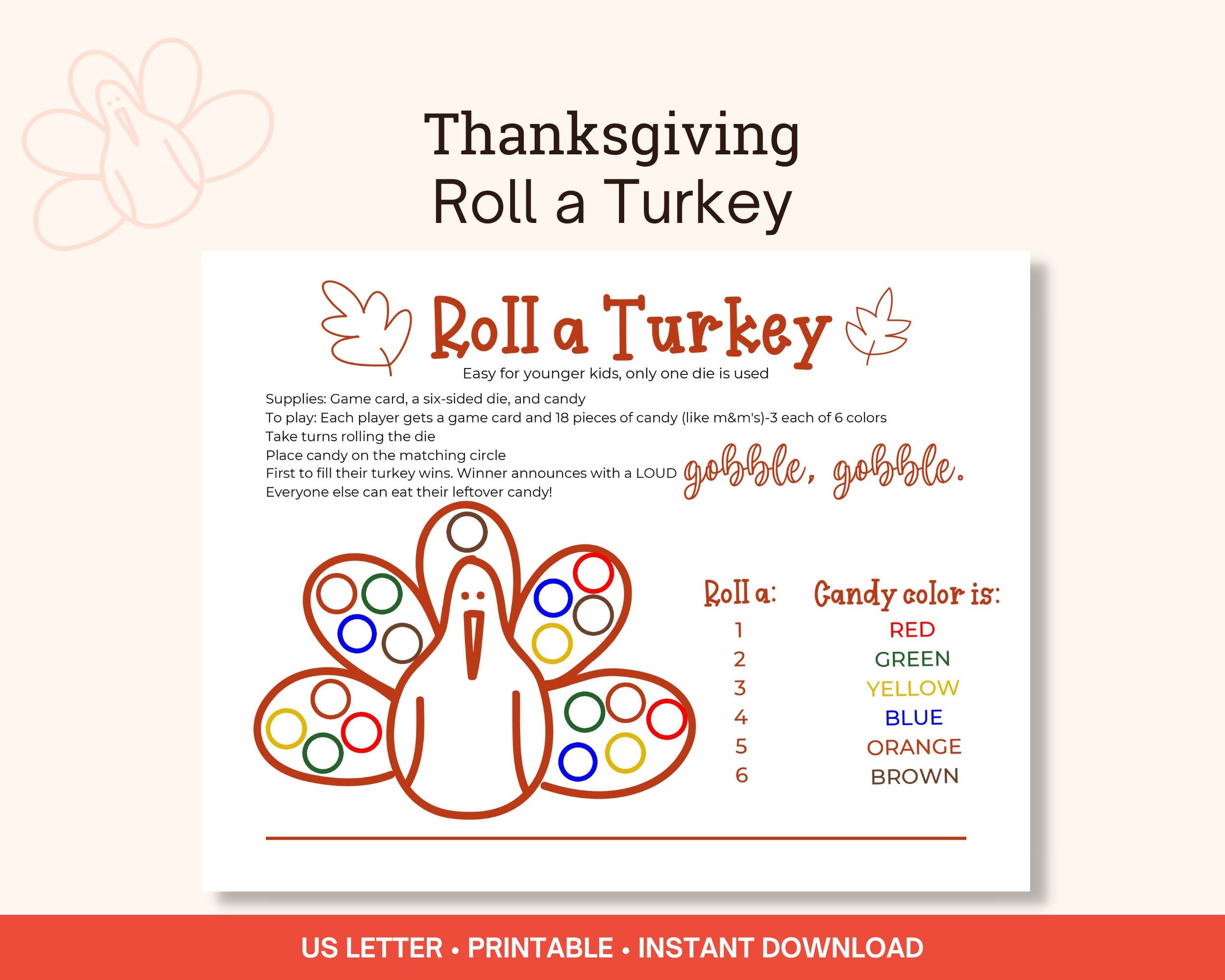Roll-a-turkey Printable Game for Kids, Thanksgiving Printable Family ...