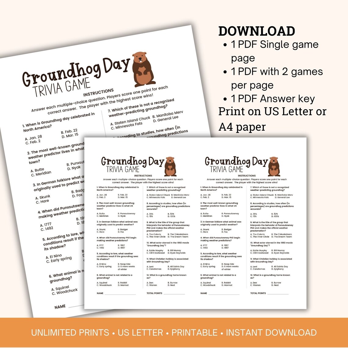 Groundhog Day Trivia, Printable Games for Adults & Kids, Classroom ...