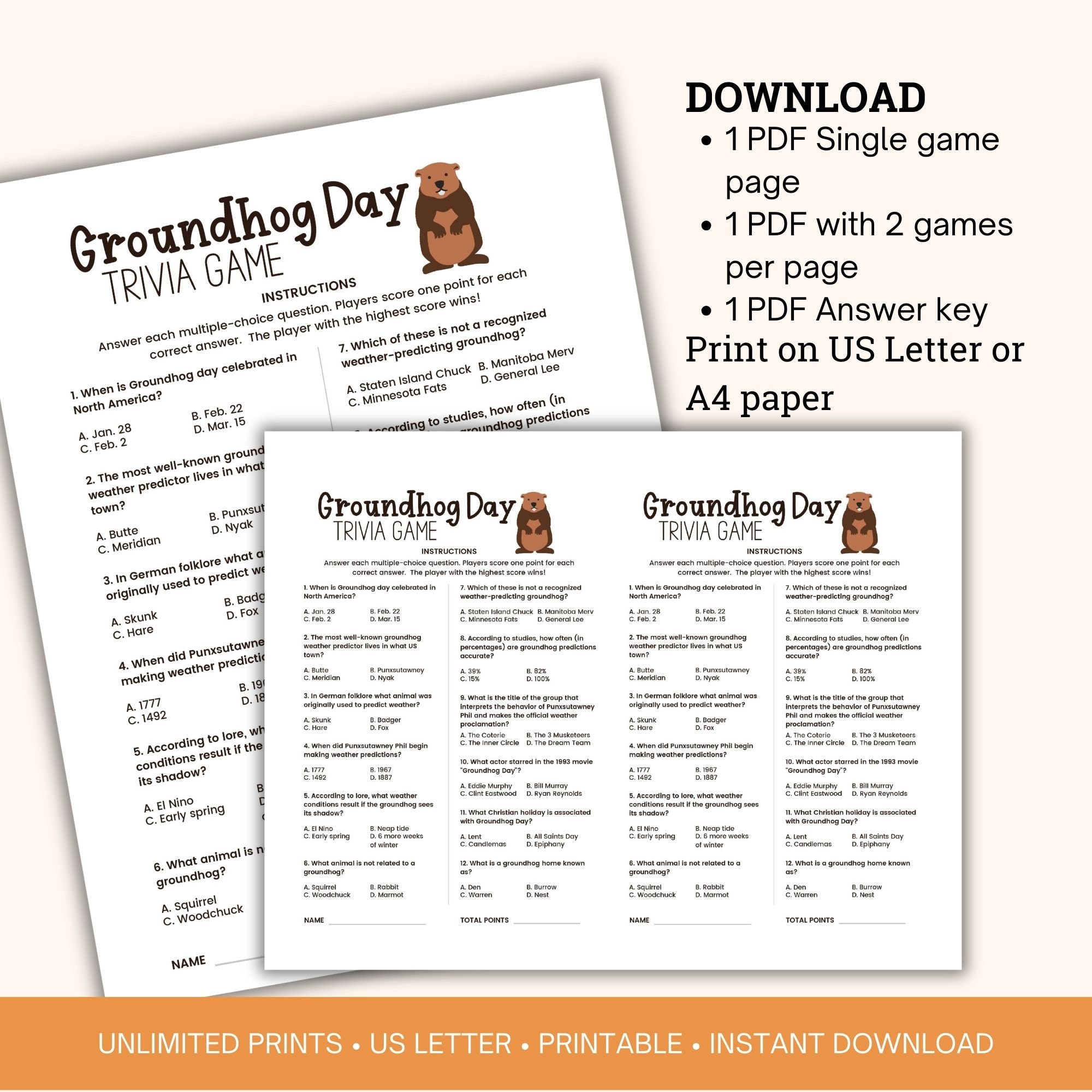 Groundhog Day Trivia, Printable Games for Adults & Kids, Classroom ...