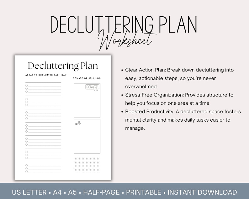 Declutter Plan Printable, Decluttering Challenge Worksheet, Organized ...