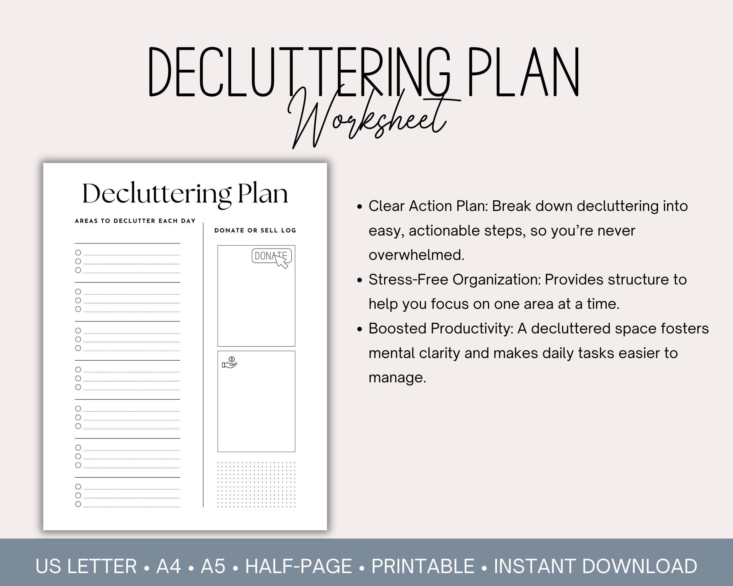 Declutter Plan Printable, Decluttering Challenge Worksheet, Organized ...