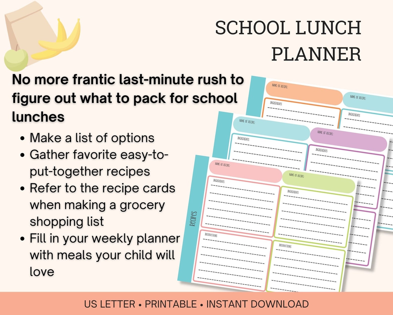 Weekly School Lunch Planner Printable, Meal Planner for Kids, Kids ...