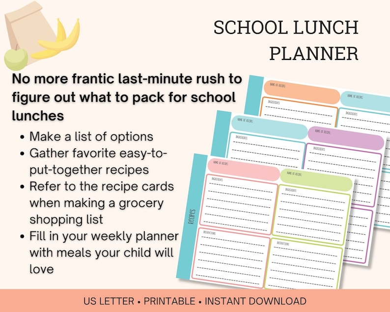 Weekly School Lunch Planner Printable, Meal Planner for Kids, Kids ...