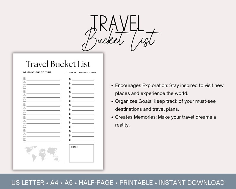 Travel Bucket List Printable, Journal Page, Travel Checklist, Travel ...