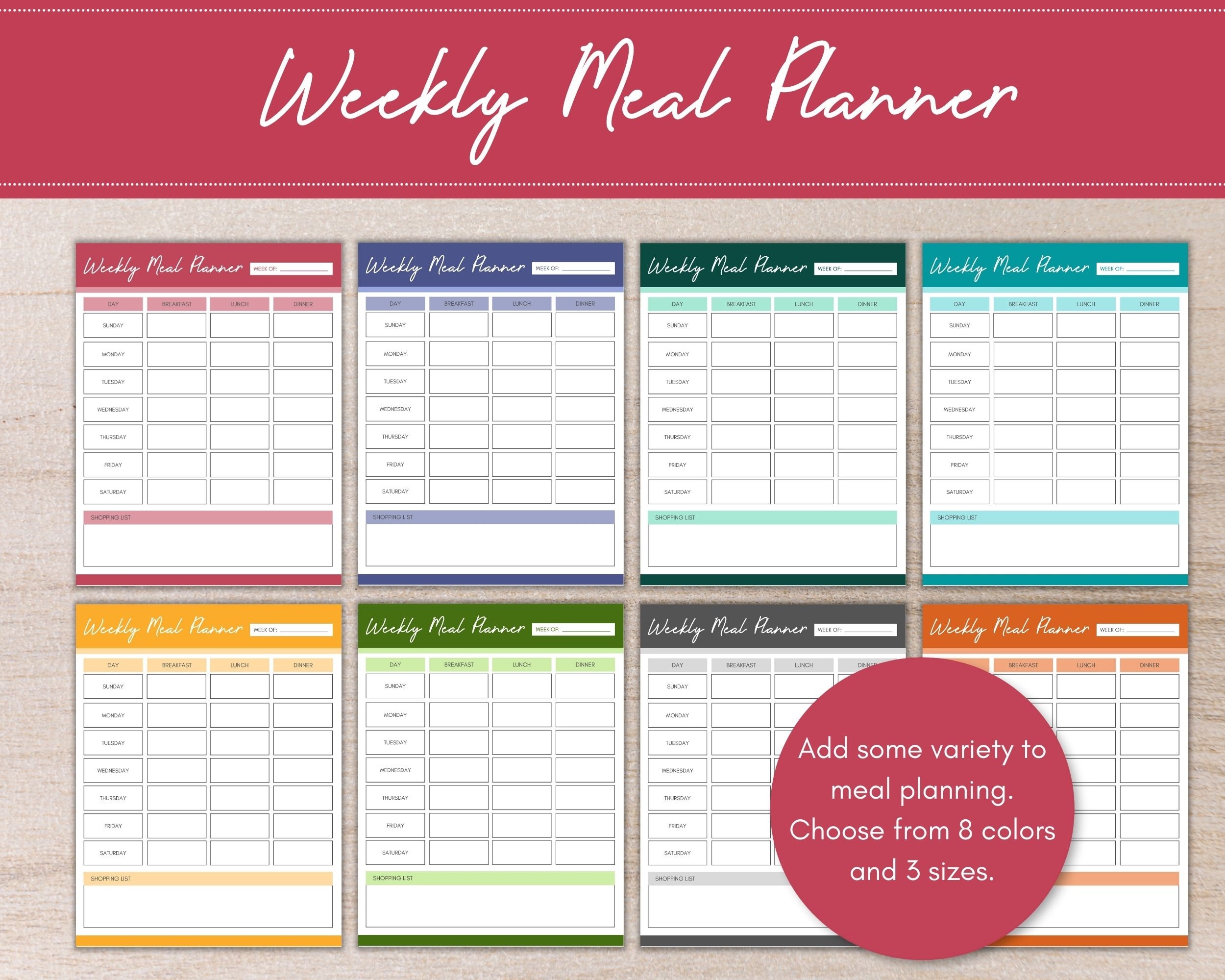 Weekly Printable Meal Planner in 8 Colors and 3 Sizes - Etsy