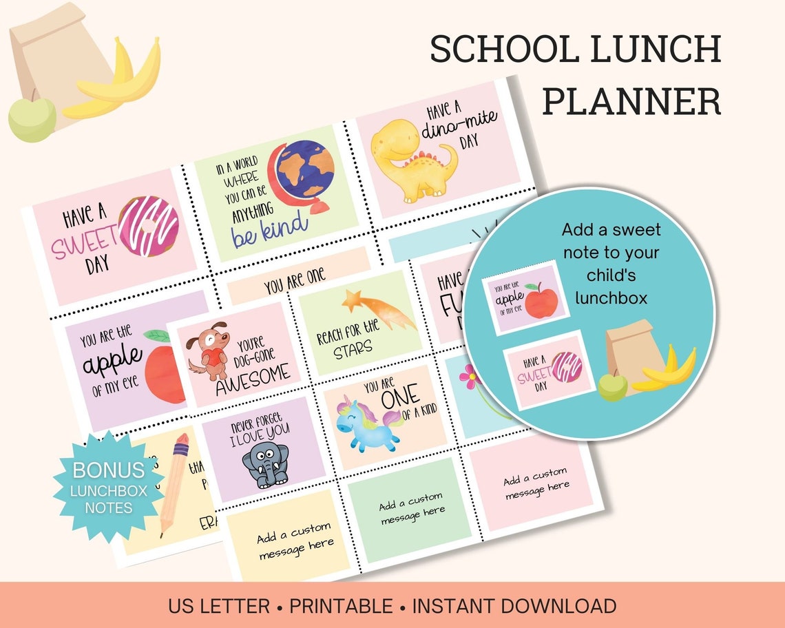 Weekly School Lunch Planner Printable, Meal Planner for Kids, Kids ...